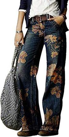 Minetom Jean Boyfriend Femme Pantalons Rétro Élastique Imprimé Ample Baggy Denim Long Pantalon Large avec Poches Style 08 S