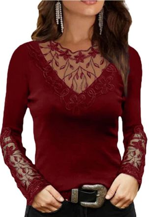 Onsoyours Damen Elegant Blusen Blumenspitzen Oberteile Langarm Bishop &Auml;rmel Tunika Stretchy T-Shirts V-Ausschnitt Mit Schleife Spitzeshirts Oberteile Streetwear