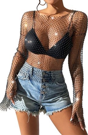 Feoya Mesh Kristall Y2k Crop Top Glitzer Top Fischnetz Cover Up Strass Netzshirt Pailletten Netzoberteil für Nachtclub Party Festival Schwarz XS