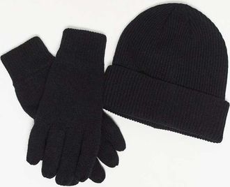 Selected Coffret cadeau avec bonnet et gants en laine m&eacute;lang&eacute;e - Noir