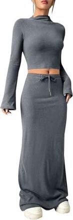 Generic Ensemble de survêtement 2 pièces pour femme - Confortable à manches longues - Haut ajusté et jupe longue - Tendance - Vacances - Voyage - Tenue élégan