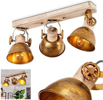 HOFSTEIN Deckenleuchte Orny, 3-flammiger Deckenstrahler aus Holz und Metall in bronzefarben, Industrial/Vintage Look Zimmerlampe, 3 x E27, die Leuchtenköpfe si