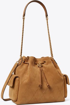 Tory Burch Damen Gesteppte Charlie Schultertasche aus Wildleder mit Tunnelzug