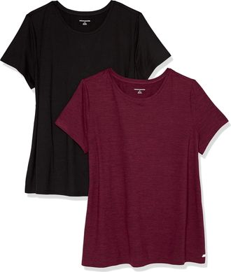 Amazon Essentials Damen Active Quick Dry Tech Stretch Kurzarm-T-Shirt mit Rundhalsausschnitt (in Übergröße erhältlich), 2er-Pack, Burgunderrot Space-dye/Schwarz, XXL Gr