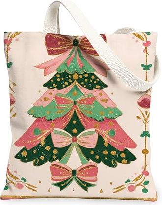 Generic Sacs fourre-tout en toile motif darbre de No&euml;l, sacs d&eacute;picerie r&eacute;utilisables, vintage l&eacute;gers et lavables avec bandouli&egrave;re C, p&ecirc;che, 13x15 Inch