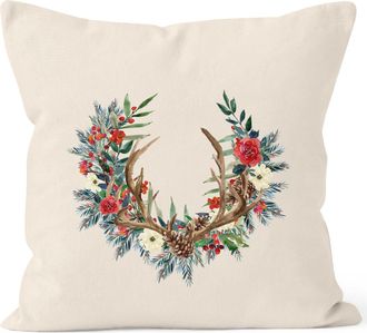 Autiga Kissenbezug Weihnachten Weihnachtskranz Geweih Hirschgeweih Blumen Gesteck Kranz Misteln Natur 40cm x 40cm