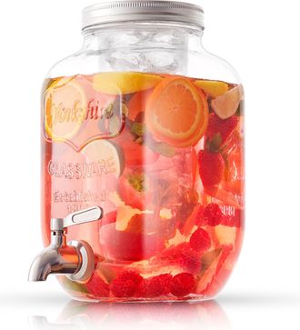 JoyJolt Getränkespender aus Glas mit Zapfhahn aus Edelstahl und Eiszylinder und Fruchteinsatz, Wasserspender, Limonadenständer, Saftbehälter, Getränkespender 