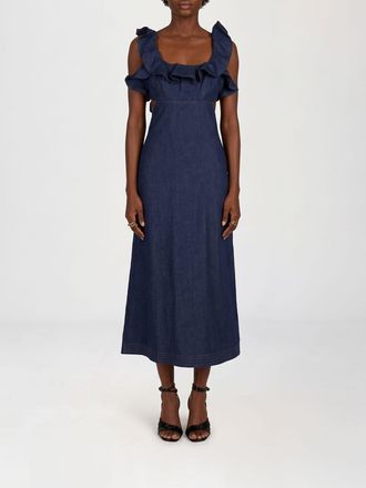 Zimmermann Aster schulterfreies Midi-Kleid aus Baumwoll-Denim mit R&uuml;schen