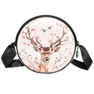 Generic Petit sac &agrave; bandouli&egrave;re circulaire pour femme, sac &agrave; bandouli&egrave;re motif cerf aquarelle avec fermeture &eacute;clair, bretelles r&eacute;glables, sac &agrave; main rond d&eacute;co