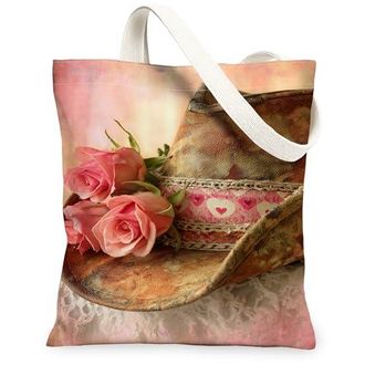 Generic Sacs fourre-tout en toile florale, roses rustiques, sacs d&eacute;picerie, sacs d&eacute;picerie r&eacute;utilisables, style boh&egrave;me &eacute;l&eacute;gant, lavable, toile pour Tra, p&ecirc;che