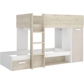 PEGANE Lit superpos&eacute; enfant coloris ch&ecirc;ne naturel, blanc, imitation lamelles, couchage 90 x190 cm - longueur 245 x profondeur 111 x hauteur 150 cm