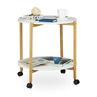 Relaxdays Beistelltisch mit Rollen, runder Kaffeetisch mit 2 Ebenen, fahrbarer Couchtisch f. universellen Einsatz, wei&szlig;, 61 x 61 x 58.5 cm