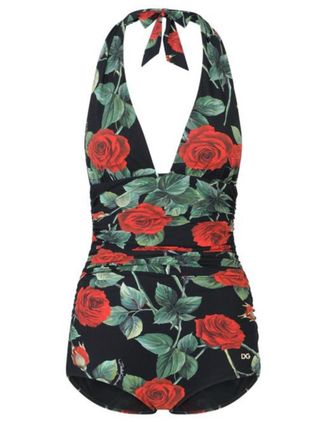 Dolce & Gabbana Black Floral Halterneck Swimsuit Size L