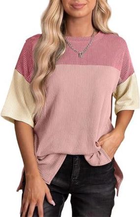 OLIPHEE Tee Shirt Femme Tshirt Côtelé Couleurs Patchwork Col Rond T-Shirt Femme Manches Courtes Haut Basique Casual T Shirt Femme Tunique Femme Longue Top Fem