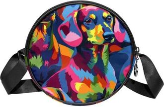 Generic Petit sac &agrave; bandouli&egrave;re rond pour femme, motif teckel avec fermeture &eacute;clair, bretelles r&eacute;glables, sac &agrave; main rond d&eacute;contract&eacute; pour femmes et filles