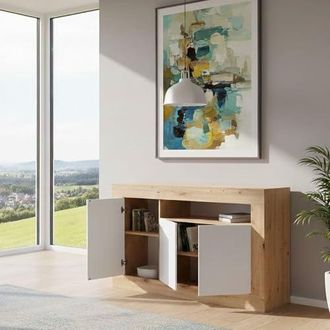 Dmora Thornton Sideboard, Wohnzimmergarderobe, Wohnzimmerbuffet mit F&auml;chern, TV-St&auml;nder, modernes Sideboard mit 3 T&uuml;ren, 144x42h87 cm, geknotete Eiche und W