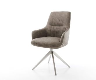 DELIFE Drehstuhl Zelia-Flex mit Armlehnen Mikrofaser Taupe Vintage Kreuzgestell breit Edelstahl 360&deg; drehbar Wippfunktion Taschenfederkern, Esszimmerst&uuml;hle