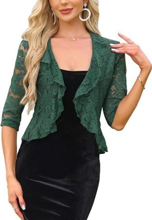 Allegra K Gilet en Dentelle Femme Manches 3/4 Cardigan &agrave; Volants Demi-Transparent Haussement d&Eacute;paules &Eacute;l&eacute;gant Bol&eacute;ro pour Robe de Mariage Vert fonc&eacute; XL