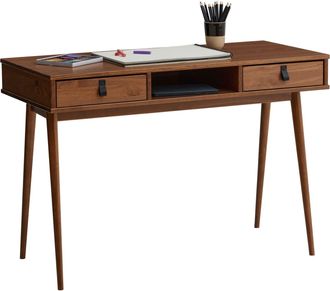IDIMEX Schreibtisch Kim mit 2 Schubladen aus Massivholz, Kastanien Farben - Home-Office Tisch mit offenem Fach, Bürotisch mit 2 Schubladen und Ledergriffen