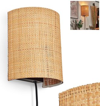 HOFSTEIN Wandleuchte Labrujo, Wandlampe aus Metall/Bast in Schwarz/Natur, Leuchte im Boho-Design, Wandleuchte mit Stecker und Schalter, abnehmbares Kabel, UP &