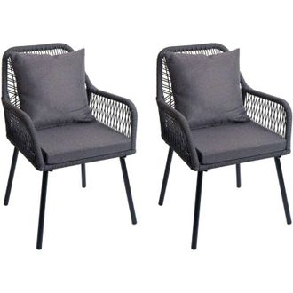 Hhg 2er-Set Gartenstuhl HHG 475, Outdoor Sitz-/R&uuml;ckenpolster Aluminium Seilgeflecht Rope anthrazit, Bezug dunkelgrau