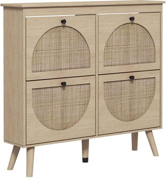 HOMCOM Meuble à chaussures 4 portes abattantes style bohème - façades motif semi-circulaire rotin - pieds bois aspect chêne clair