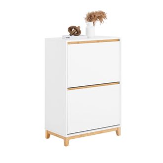 SoBuy Schuhschrank schmal mit 2 Klappen - platzsparender Schuhkipper für 8 Paar Schuhe, modernes Schuhregal für Flur, Weiß-Natur, B60 x H91 x T34cm - FSR193