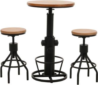 Hhg neuwertig] Set Bartisch + 2x Barhocker 032, Barstuhl Stehtisch h&ouml;henverstellbar drehbar Fu&szlig;ablage Industrial Holz natur