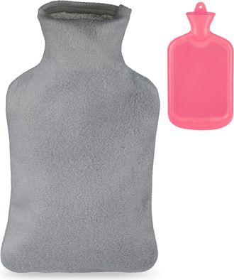Relaxdays Wärmflasche, 2 Liter, mit Bezug, Kinder & Erwachsene, Gummi, Bettflasche mit Schraubverschluss, pink/grau