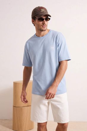 Trendyol MAN Herren Blau Bestickt Kurz Oversize T-Shirts