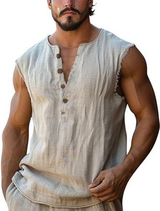 Generic DENGJIAMY D&eacute;bardeurs de plage pour homme D&eacute;contract&eacute; d&eacute;t&eacute; Coupe Off T-shirt tendance &agrave; col rond sans manches pour homme Mode Solide V&ecirc;tements, kaki, X