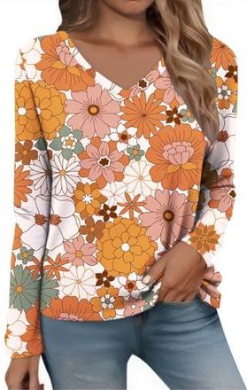 Generic T-shirt à manches longues pour femme avec col en V et imprimé floral vintage, Orange, XL