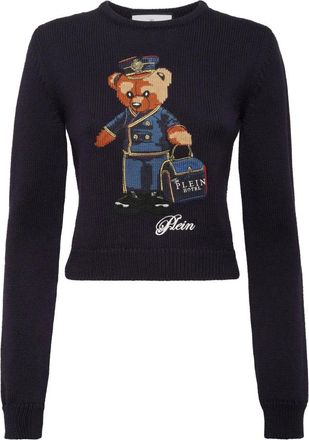 Philipp Plein Femme, Pulls, Bleu, Taille: 36 FR Cropped Round Neck Pullover Teddy Doorman