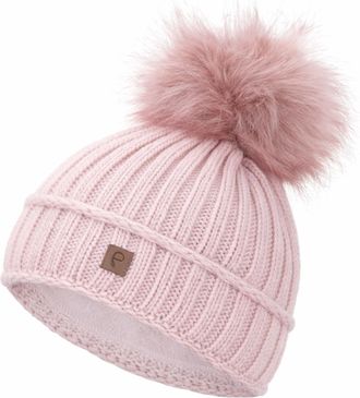 Faera Winterm&uuml;tze Damen M&uuml;tze gef&uuml;ttert mit Kunstfell Bommelm&uuml;tze M&auml;dchen Fleecefutter Winter Strickm&uuml;tze Beanie Herren 34, Farbe:Rose