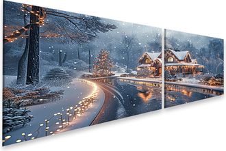 Islandburner Bild auf Leinwand Verschneiter Winterabend beleuchtetes Ziegelhaus mit Weihnachtslichtern im Schnee Bilder Wandbilder Poster