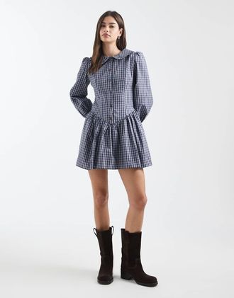 Daisy Street Figurbetontes Minikleid in Blau kariert mit tiefer Taille und auff&auml;lligem Kragen