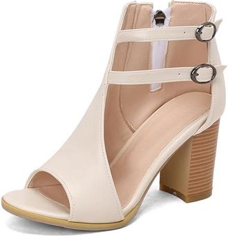 Generic Bottines Gladiateur Femme 8.5CM Gros Talon Carr&eacute; Bout Ajour&eacute; &agrave; Bretelles Chaussures d&Eacute;t&eacute; de Robe avec Fermeture &Eacute;clair Lat&eacute;rale Soir&eacute;es &Eacute;l&eacute;gantes et &Eacute;