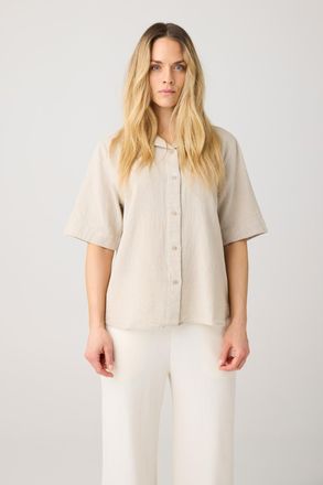 Knowledge Cotton Apparel Damen vegan Hemd Struktur Kurzarm Twill Beige