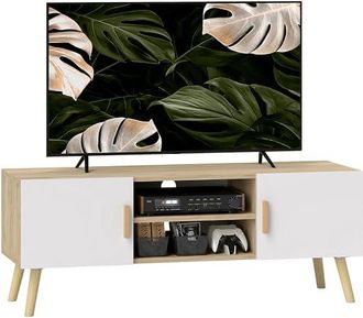 HOMCOM Meuble TV Meuble t&eacute;l&eacute; Bois Banc TV jusqu&agrave; 50 Pouces avec &eacute;tag&egrave;res, 2 placards et Passe-c&acirc;bles pour Salon, Chambre &agrave; Coucher, 110 x 36,2 x 42 cm, ch&ecirc;ne