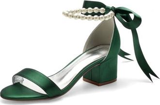 Generic Chaussures De Mariage Sangle De Cheville Talon Bas Femme Talon Satinée des Pompes Mariée Peep Toe Chunky Heels 5.5Cm,Dark Green,38 EU