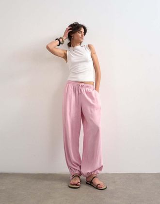 Topshop Pantalon bouffant en lin &agrave; liens &agrave; la taille - Rose clair