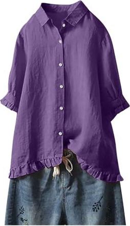 Generic Chemise boutonn&eacute;e pour femme avec volants et manches 3/4, coupe ample, col rond, dos pliss&eacute;, manches trois-quarts et tailles S &agrave; 5XL, violet, 4XL