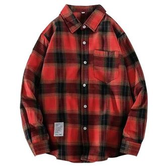 Generic Chemise &agrave; carreaux pour homme, chemise pour homme adulte, chemise boutonn&eacute;e &agrave; manches longues pour homme, haut &agrave; col rabattu pour homme avec col rond 