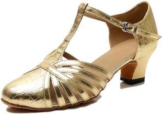 MGM-Joymod Escarpins à lanières en T pour femme - Chaussures de danse latine modernes - Pour bal de fin dannée, mariage, fête, Yw089 Doré Talon 5 cm, 41.5 EU