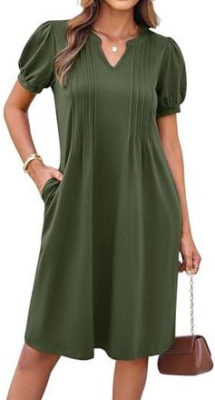 Grace Karin Grace Karin Robe femme A-Line &agrave; manches courtes midi Robe d&eacute;contract&eacute;e uni Henley col en V en coton pour femme UK, vert militaire, S
