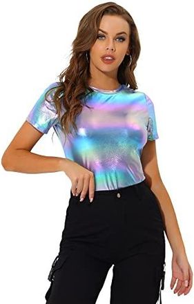 Allegra K Chemisier Clubwear pour Femme &agrave; Manches Courtes, Haut m&eacute;tallique Brillant Costume dhalloween Bleu S