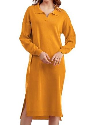 Generic Robe Pull Femme Longue Manches Longues Col Tricotée Fendue Basique Décontractée Hiver