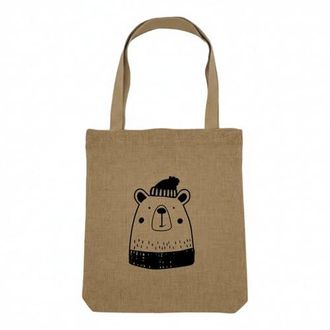 Fabulous Sac Shopping Tote Bag Aspect Lin - Ours &agrave; Bonnet Illustration Dessin Hiver Echarpe - Sac de Courses Toile Epaisse 360g Beige Naturel Cabas Port&eacute; Epaul