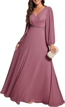 Ever-pretty Robe de Soirée Femme Longue Invité Mariage Mousseline Manches Longues Col V A Line Chic Orchidée 38