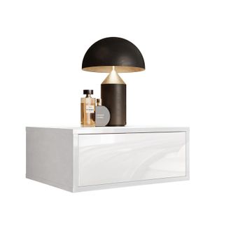 Lukmebel Glamour Nachttisch H&auml;ngend - Wandregal Mit Schublade, Wei&szlig; Hochglanz, Push-Open, Ohne Griff (Nachtschrank, Nachtschr&auml;nkchen, Nachtkommode, Boxspringbe